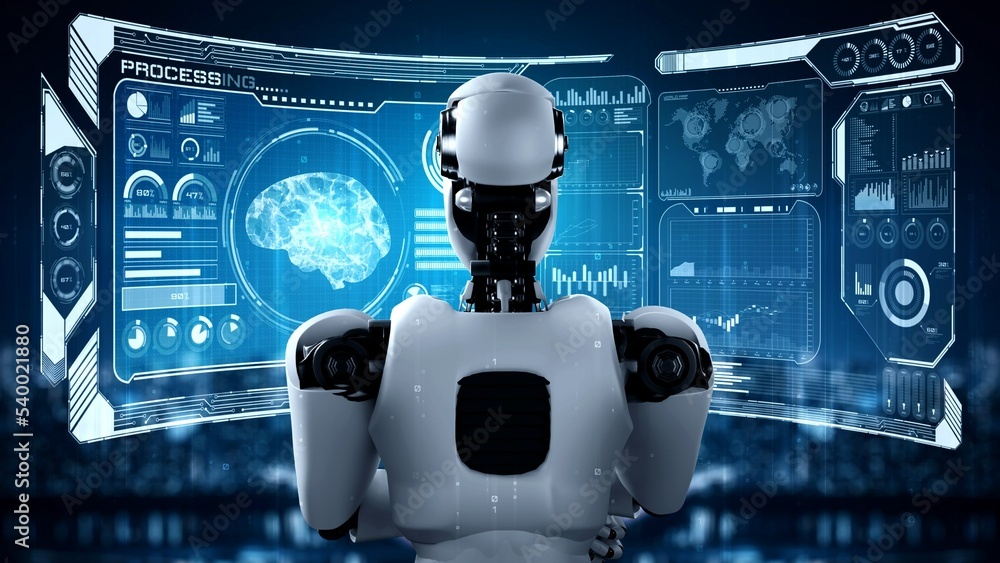 Thinking AI hominoid robot analyzing hologram screen showing concept of ...