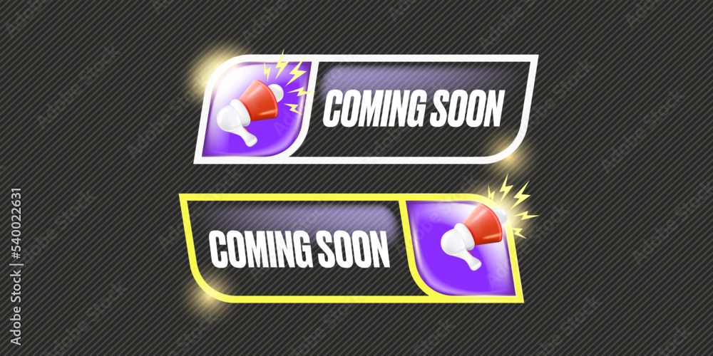 Coming soon horizontal banner with megaphone and button on grey modern ...