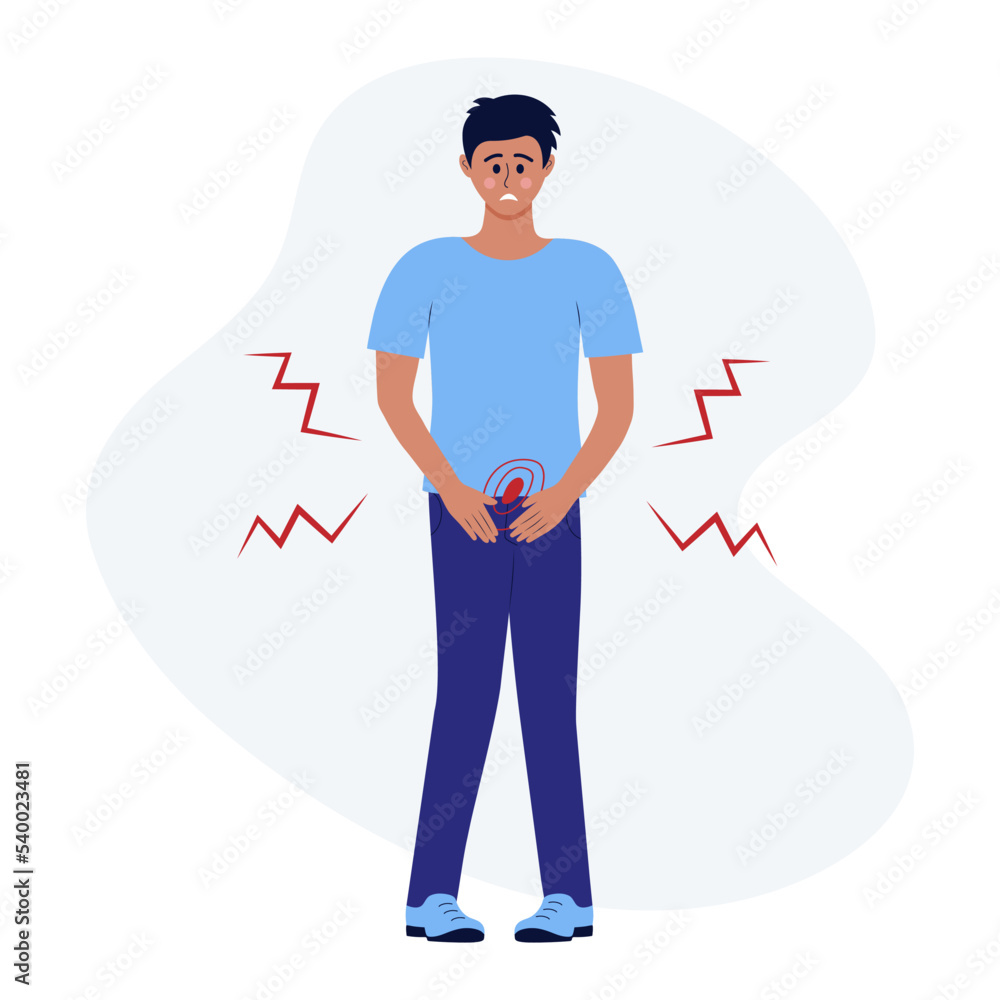 Man with pain in the lower abdomen, in bladder. Male character suffers ...