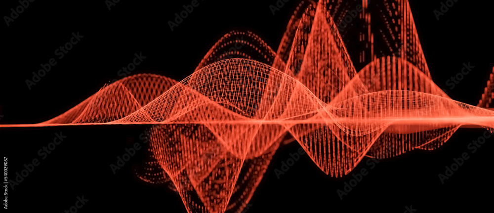 Illustration Of Abstract Red Wireframe Sound Waves Visualization Of Frequency Signals Audio