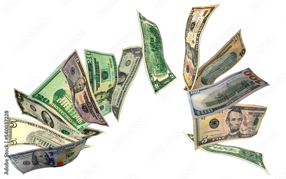 Flying money, bills of dollars in the form of a rainbow in ...