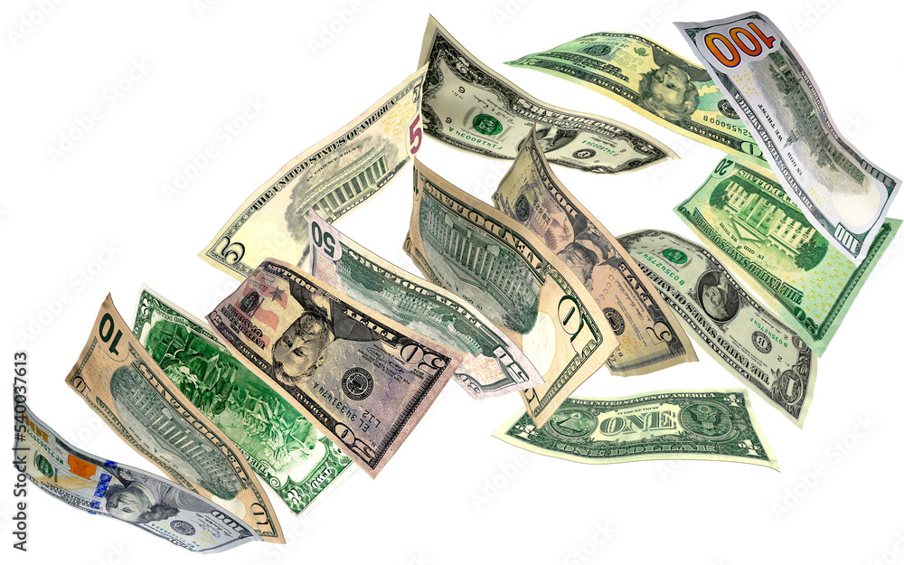 Flying money, dollar bills in denominations from one to a hundred rise ...