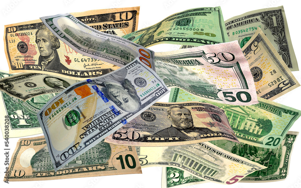 Flying money, dollar bills in denominations from one to one hundred ...