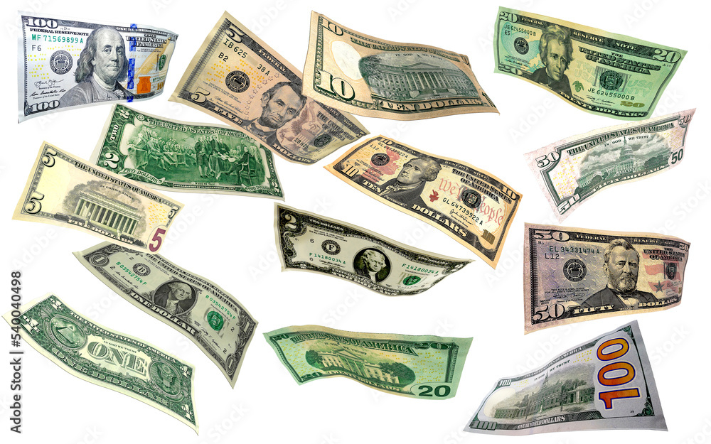 Flying money, dollar bills of various denominations in free flight ...