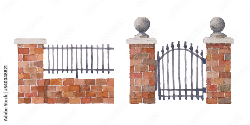Wrought iron gate and fence, hand painted watercolor isolated on white ...