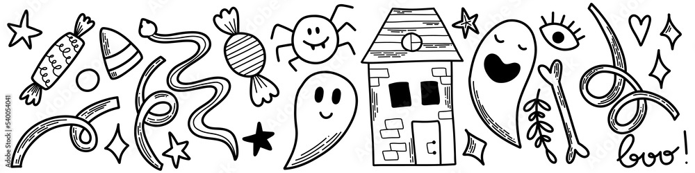 Halloween vector set of elements. Line art flat design. Pack of outline ...