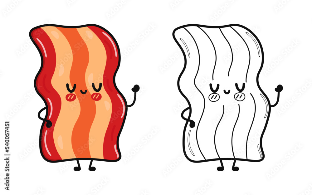 Funny cute happy bacon characters bundle set. Vector hand drawn cartoon ...