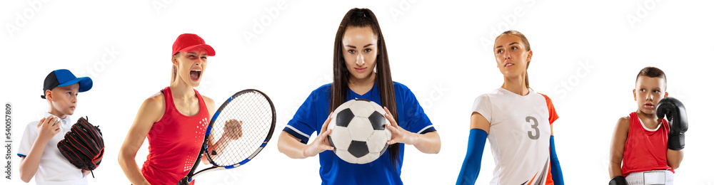 Team of professional sportsmen in sports uniform over white background ...