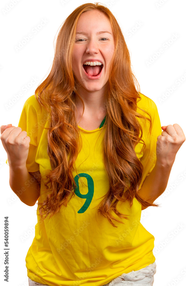 Brazil supporter. Brazilian redhead woman fan celebrating on soccer ...