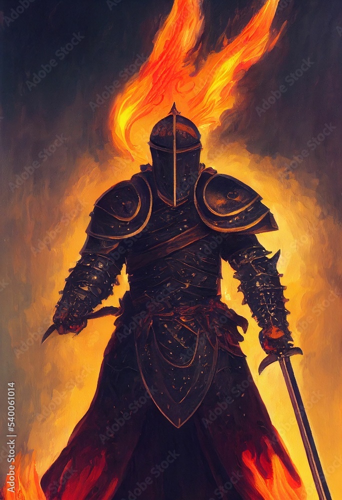 Hyper-realistic illustration of the back profile of a fiery knight with ...