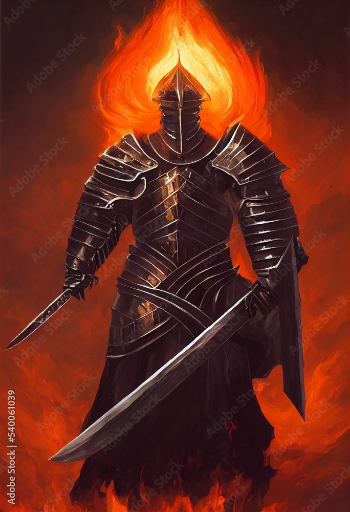 Hyper-realistic illustration of a fiery knight with full armor and ...