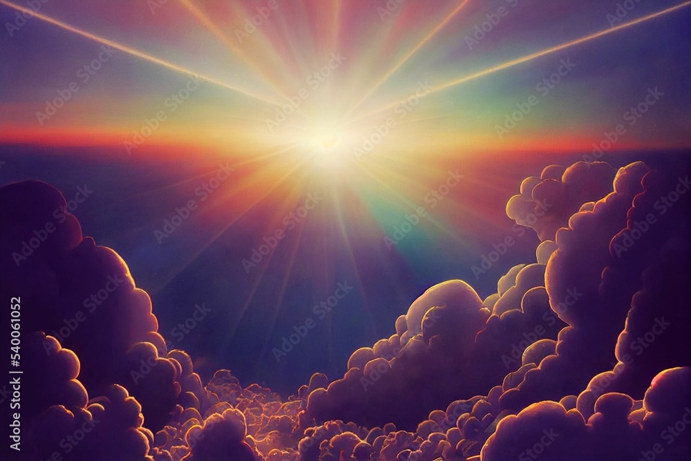 Hyper-realistic illustration the sun glaring so bright above the clouds ...
