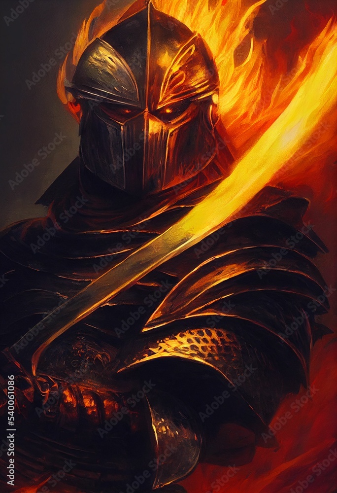 Hyper-realistic illustration of a fiery knight with full armor and ...