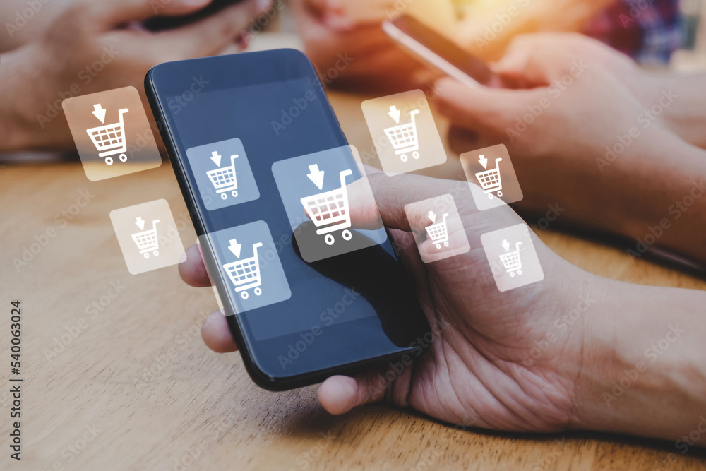 online shopping. people hand payment and online shopping mobile with ...