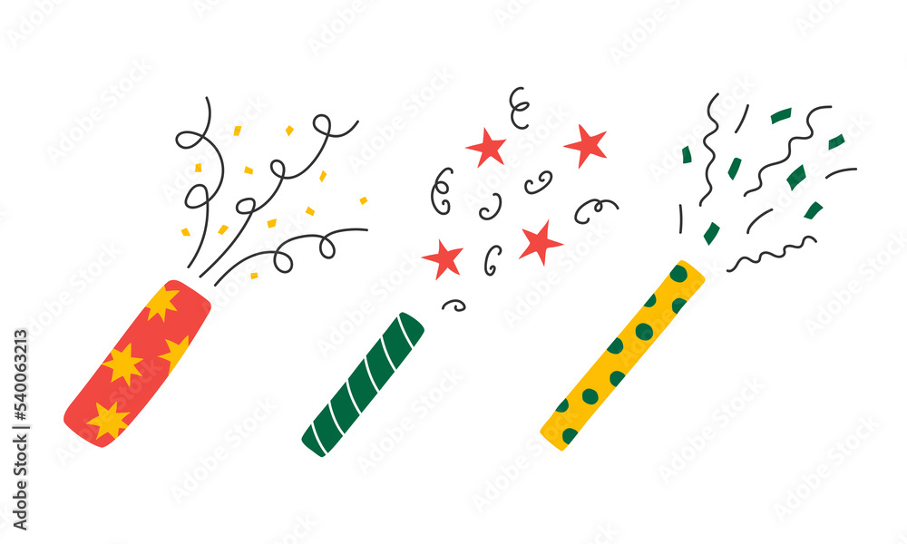 Hand drawn cartoon illustration set of exploding party popper with ...