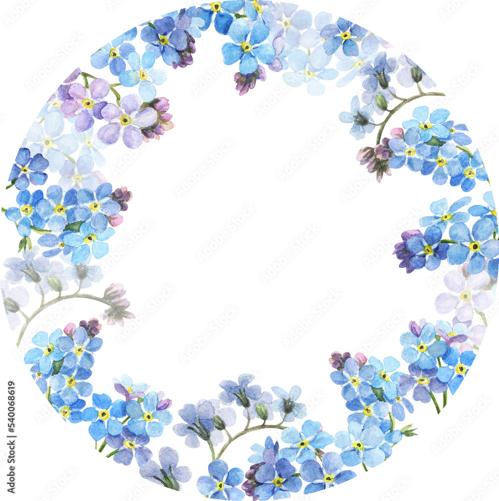 Watercolor frame with spring flowers - forget me nots, botanical ...