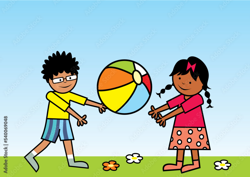 Two African children, girl and boy with beach ball, smiling vector ...