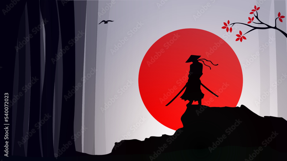 silhouette of a samurai in the night background. Japanese samurai ...