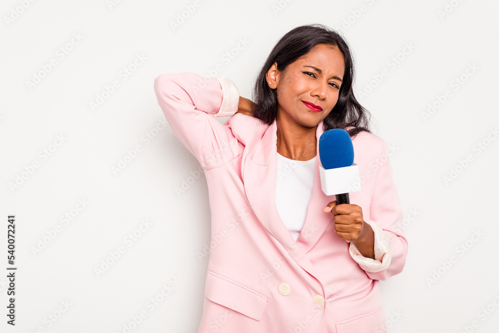 Young TV presenter indian woman isolated on white background touching ...
