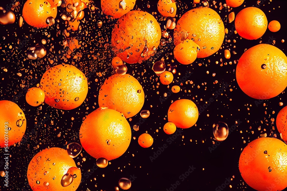 Sweet orange juice explosion, splash through flying fruits. Nectar ...