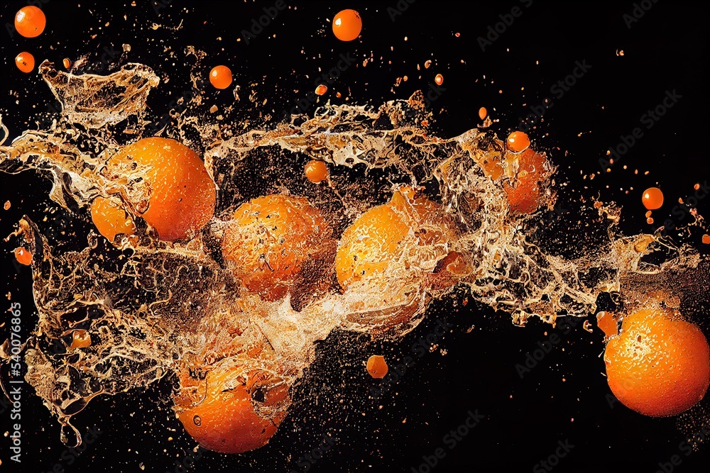 Sweet orange juice explosion, splash through flying fruits. Nectar ...