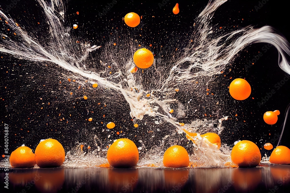 Sweet orange juice explosion, splash through flying fruits. Nectar ...