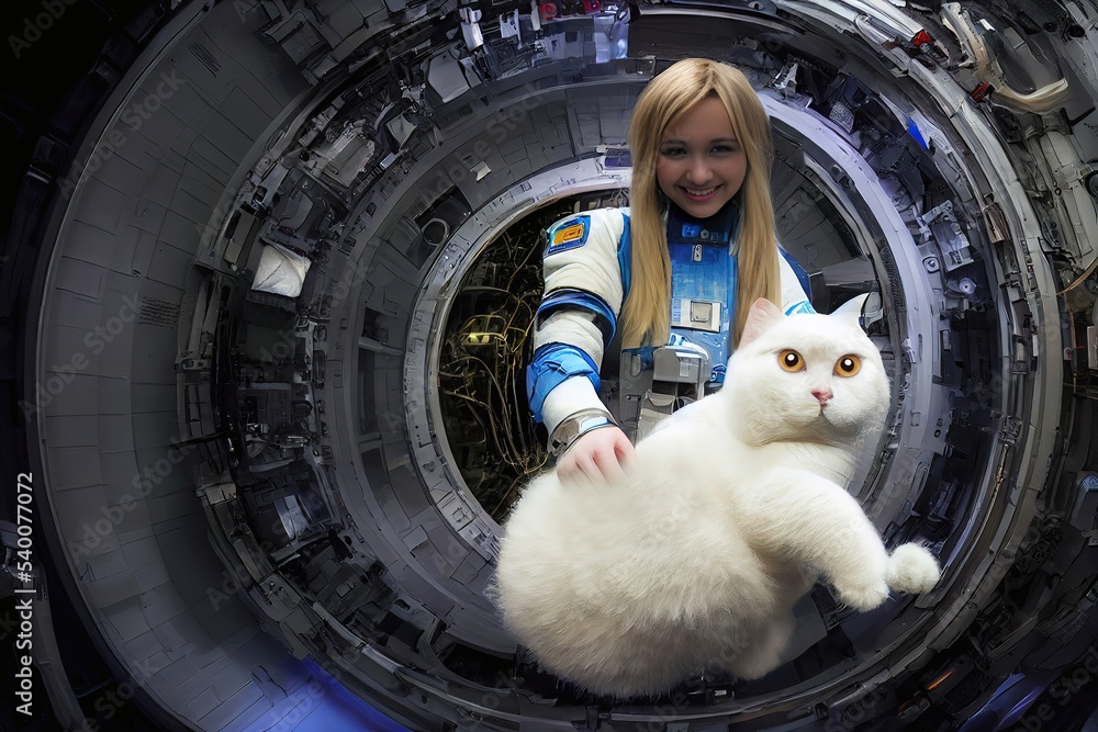 Beautiful female astronaut take a selfie on the space station with ...