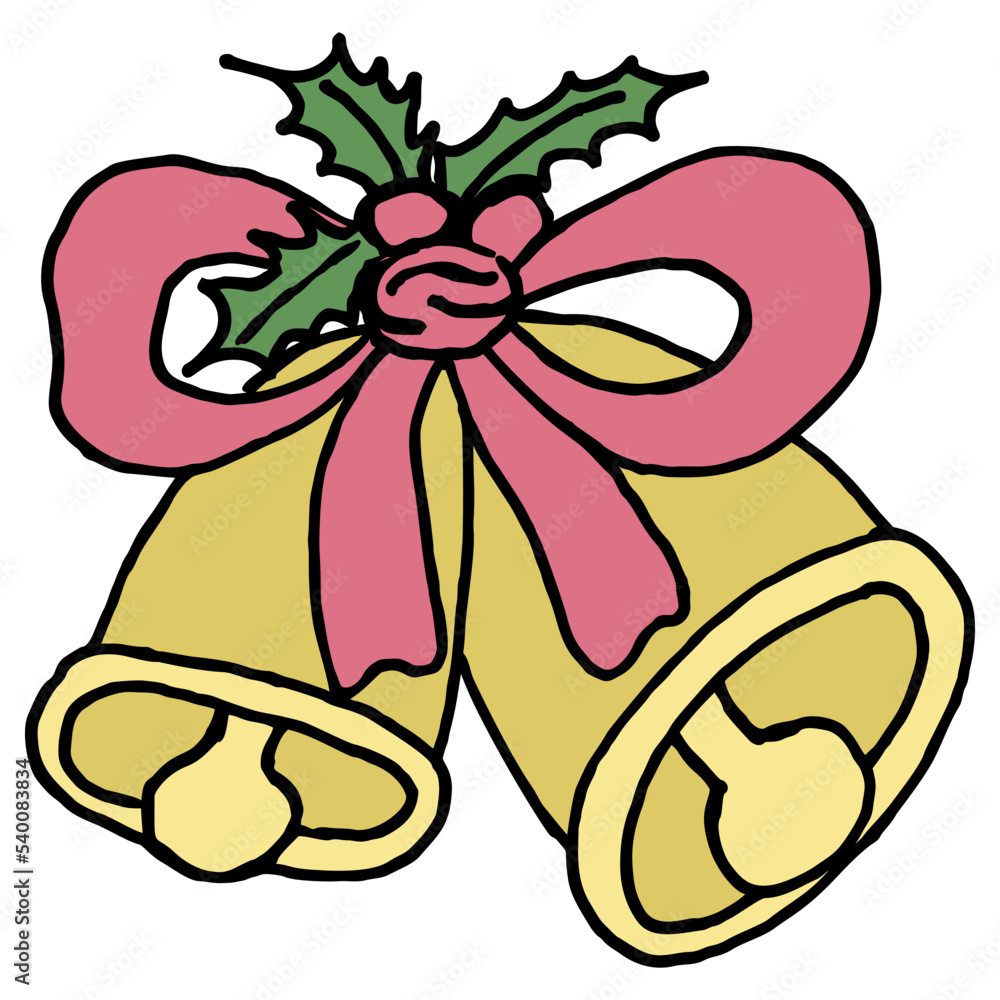 Hand-drawn cartoon two vector golden bells with a holly branch and a ...