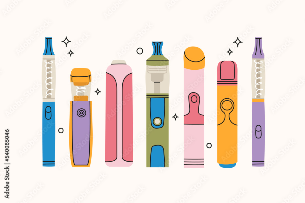 Hand draw vector set of various types of electronic cigarettes. Modern ...