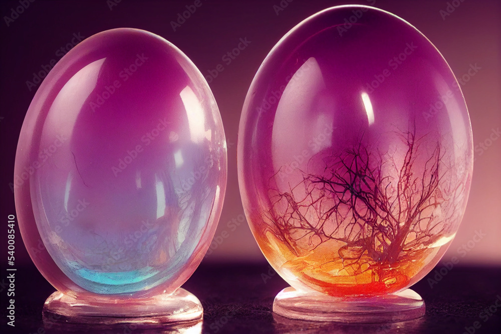 Colorful alien eggs at the streets of the a big city. Various monster ...