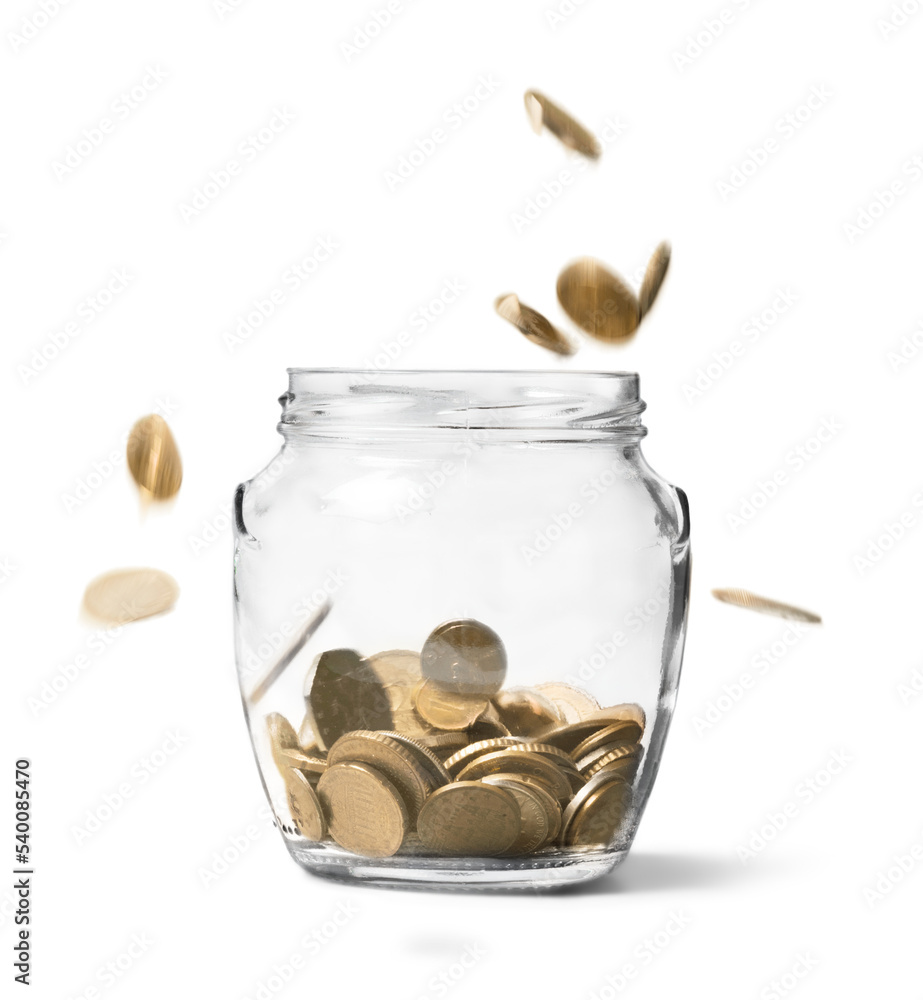 Jars in row filling up with falling coins. Savings coin Stock-Foto ...