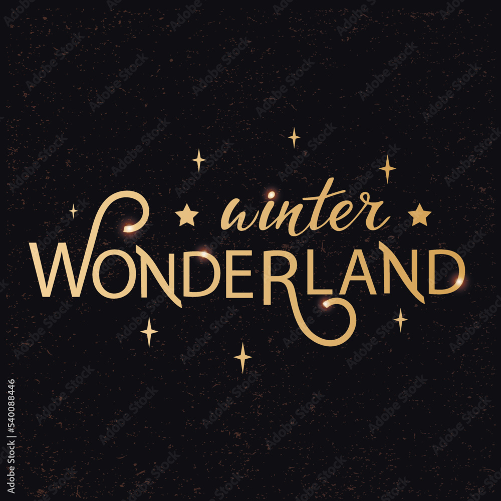 Winter wonderland vector hand lettering. Golden letters with stars on ...