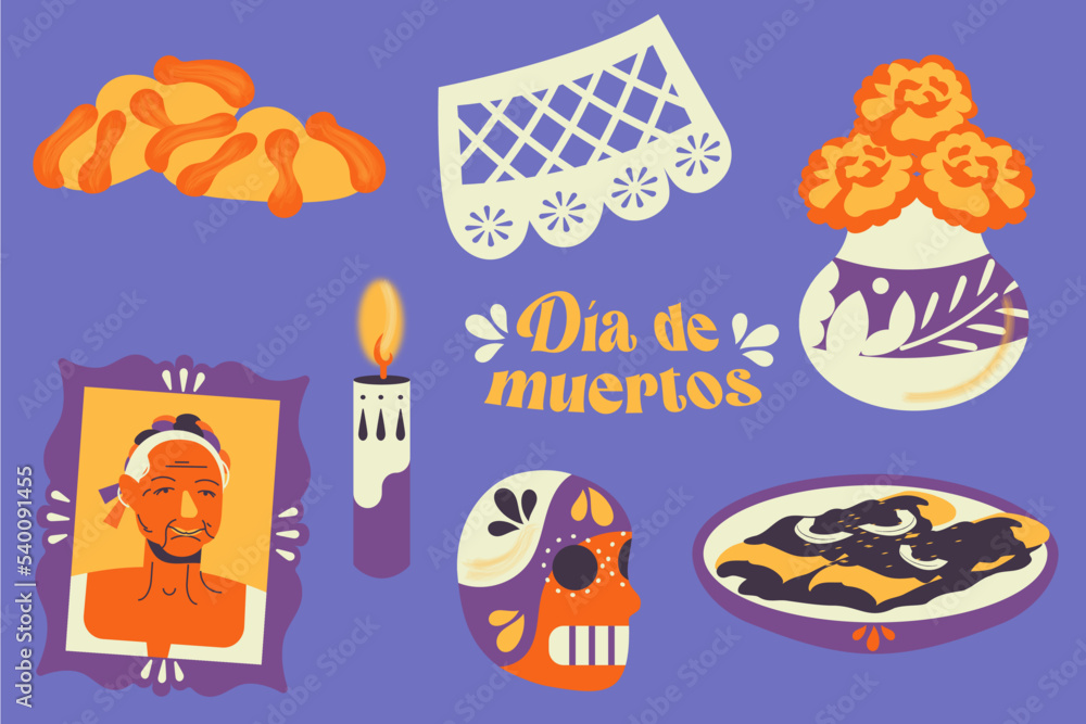 Set de ilustración vectorial de iconos de ofrenda y día de muertos en ...