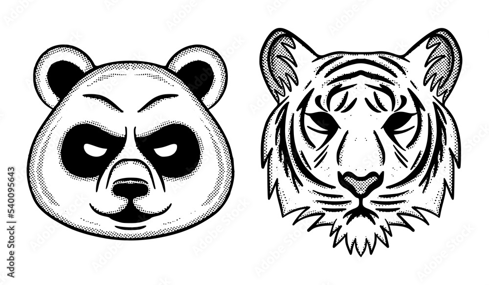 Panda and tiger Collection set Doodle Illustration cartoon sketch for ...