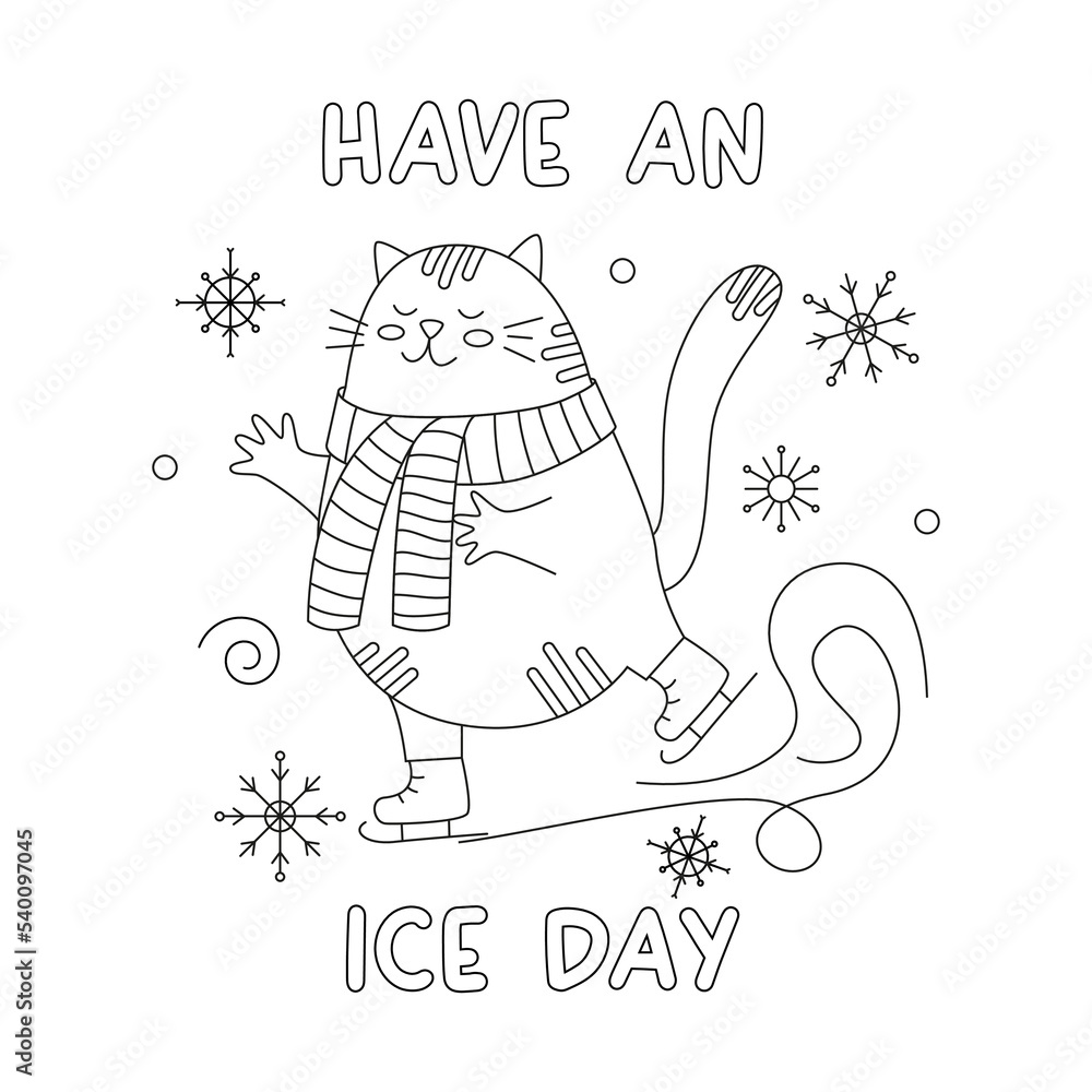 Winter cat coloring page for children and adults. Black and white ...