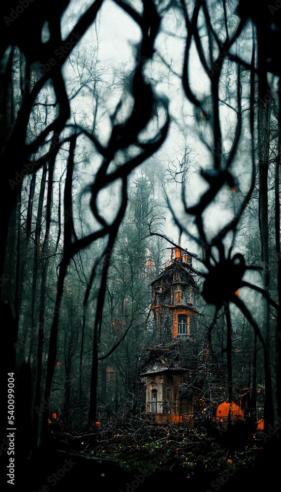 Creepy Halloween scene with spiders crawling in front and a old haunted ...