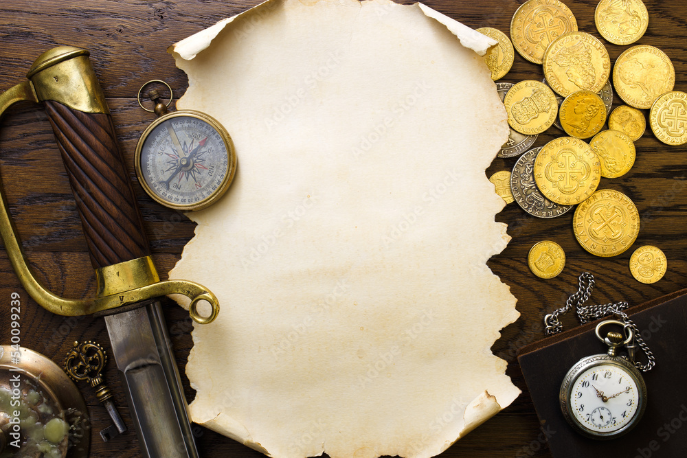 Old scroll with pirates treasure. Vintage still life. The concept of ...