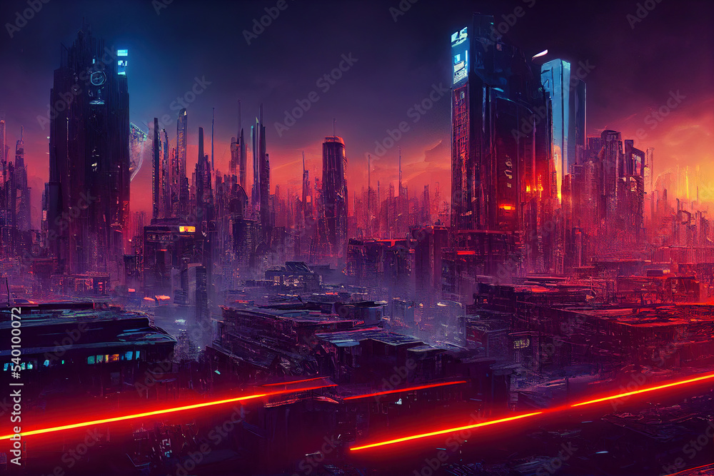 Cyberpunk city panorama, futuristic, concept art illustration Stock ...
