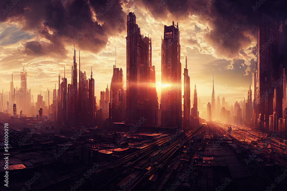 Cyberpunk City Panorama Futuristic Concept Art Illustration Stock