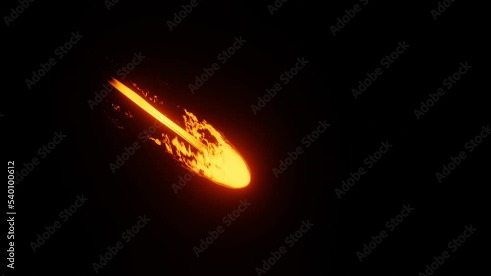 3d animation burning comet or meteor with fiery tail is flying on black ...
