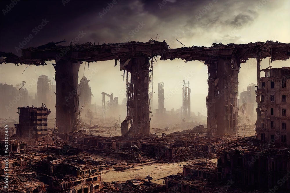 A post-apocalyptic ruined city. Destroyed buildings, destroyed roads ...