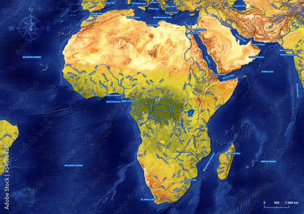 Hydrographic Map of Africa in english on large and detailed Satellite ...