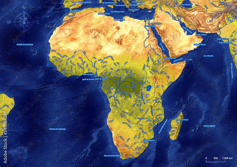 Hydrographic Map of Africa in french on large and detailed Satellite ...