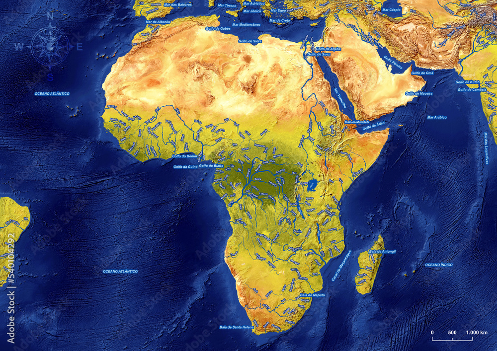 Hydrographic Map of Africa in portuguese on large and detailed Satellite image (Satellite ...