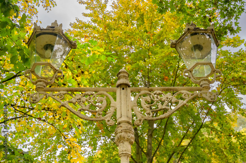 Historic vintage style double street light in a park against background ...