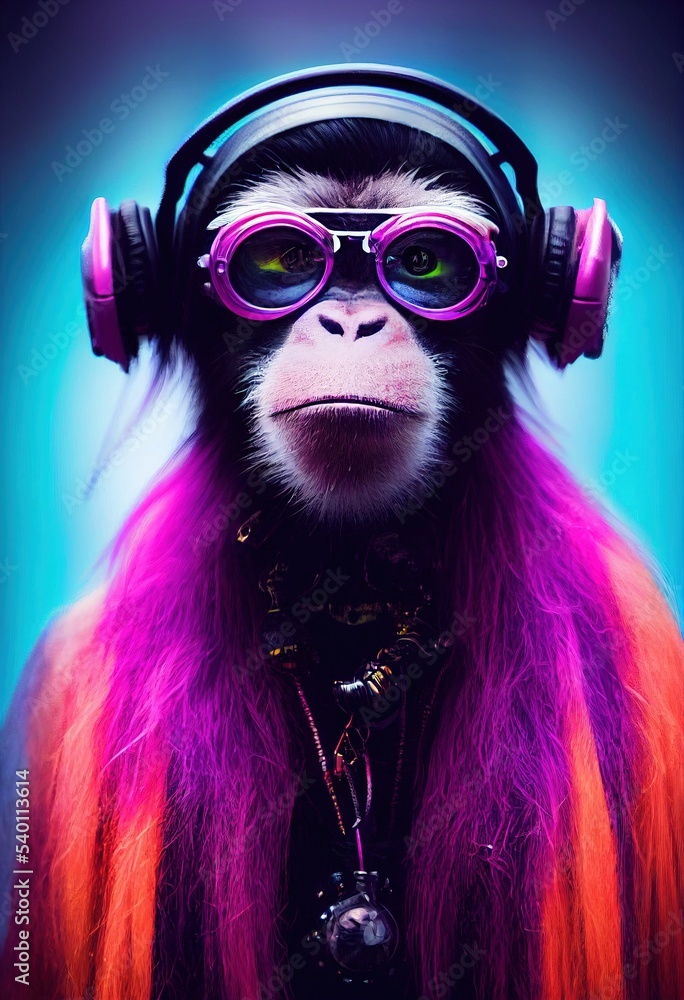 A fictional portrait of a punk monkey with headphones and colorful hair ...