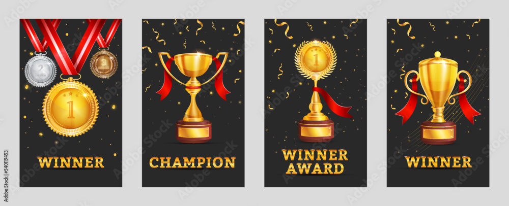 Champion trophy set gold - Championship winner trophy, gold medal award ...