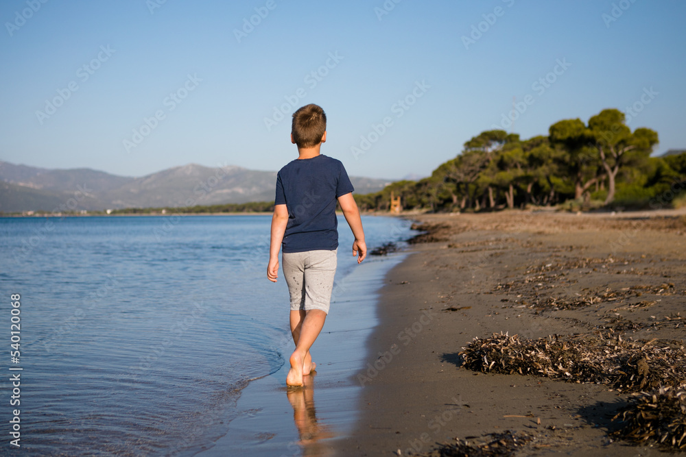 Boy playing on the beach on summer holidays. Children in nature with ...