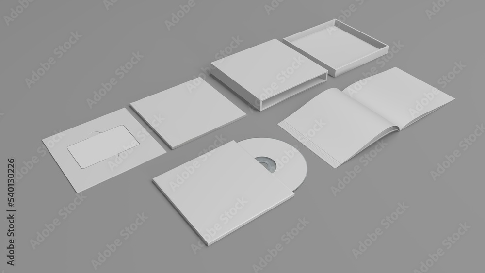 Music album mockup set. set box contents booklet cd, cd cover. Set of ...