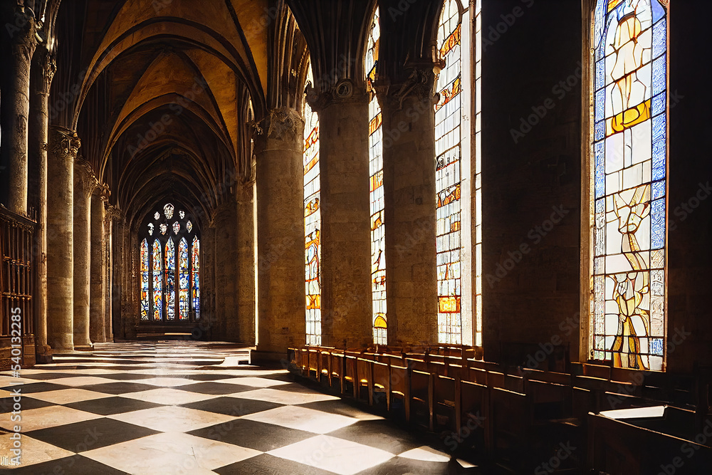 Romantic Byzantine Gothic cathedral interior, religious stained glass ...